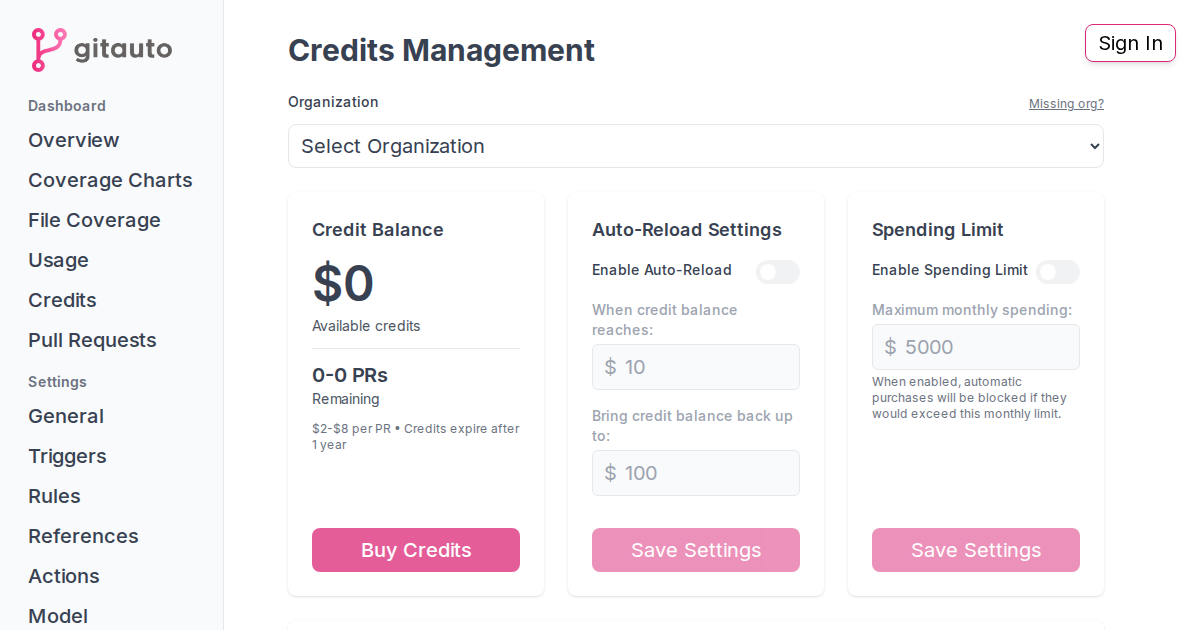 GitAuto Credits Dashboard - Manage Pre-paid Balance