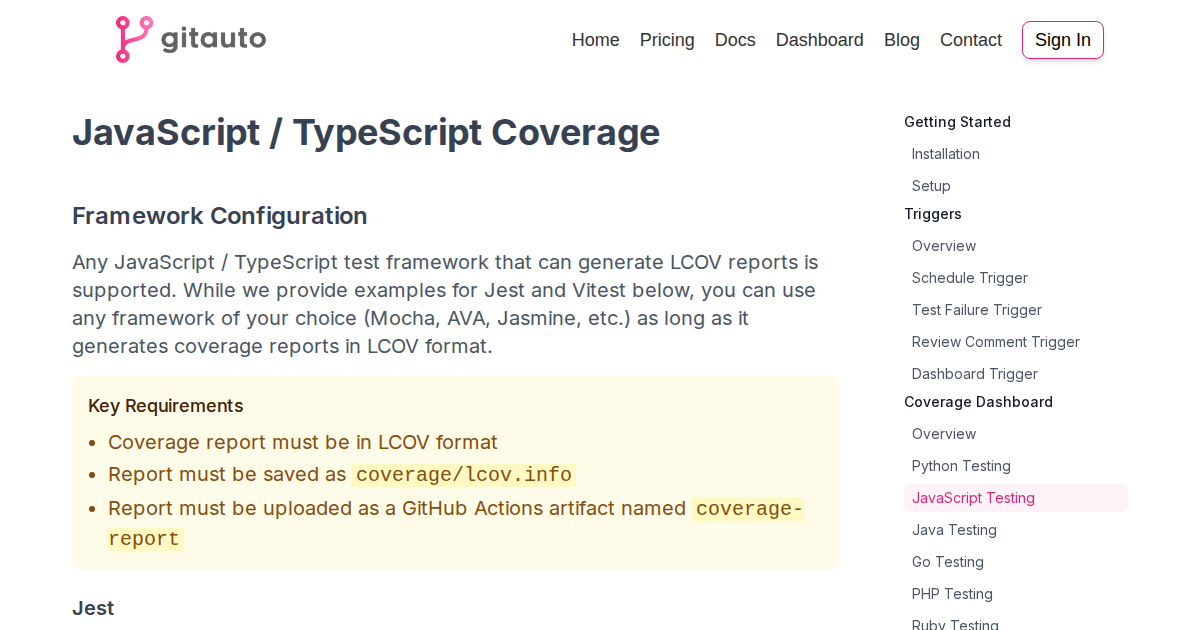 GitAuto JS/TS Coverage - Jest, Vitest, GitHub Actions Setup